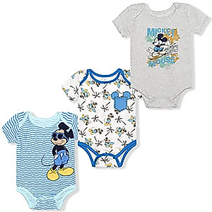 Disney Mickey Mouse Boys 3 Pack Short Sleeve Bodysuit for Newborn – Blue/White/Grey