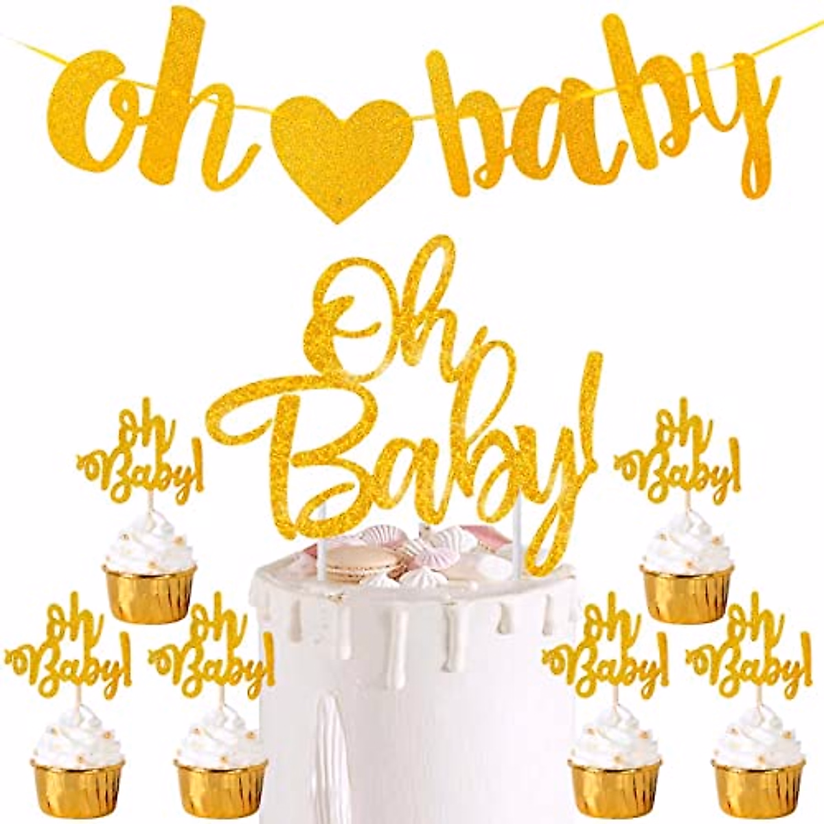 Oh Baby Party decoration Gold Glitter Oh Baby Banner Cupcake Toppers for baby 1st 2nd Birthday Baby Shower Party Supplies