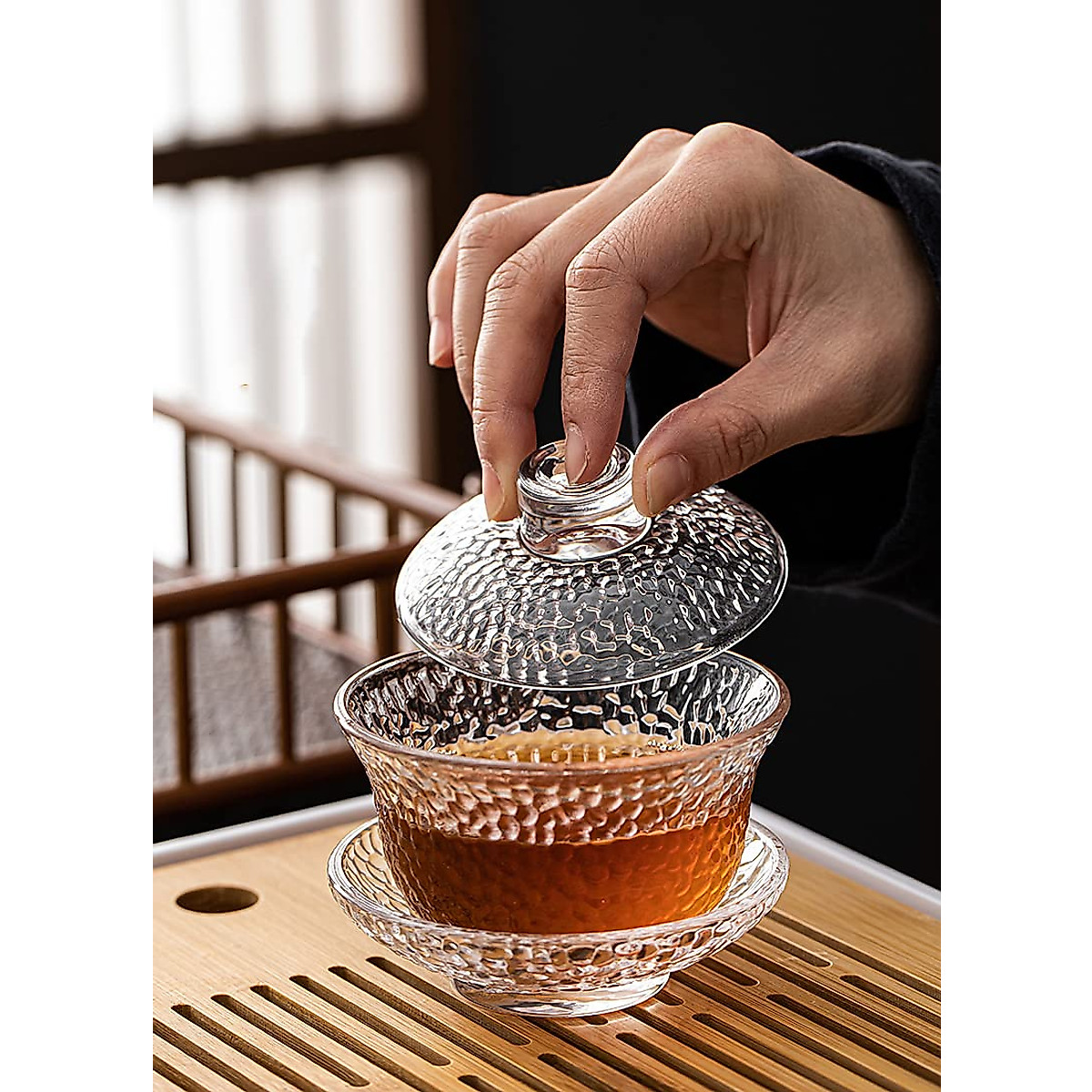 Gongfu Tea Tea Set 8pcs Gaiwan Teacup Tea Cup Clear High Borosilicate Glass Hammer Technology for Home Office