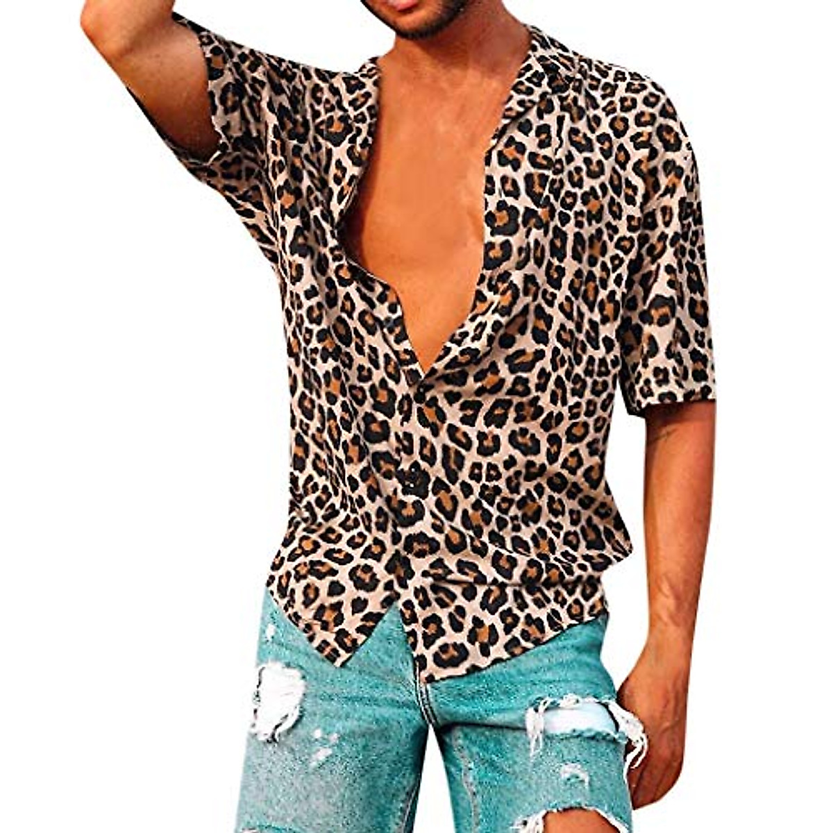 YOMXL Men Vintage Leopard Print Shirt Summer Beach Tee Lapel Collar Short Sleeve V-Neck Button Tops