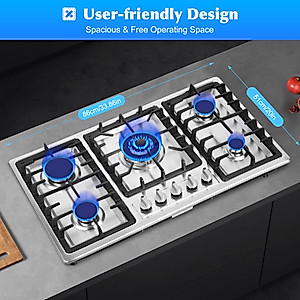 5 Burners Built in Gas Stovetop Cooker Gas Range Portable Stainless Steel Cooktop LPG/NG Dual Fuel Cast Iron Grate Gas Stove Kitchen Cooking Stove for Home RV Outdoor Apartment Silver(33.85x19.68Inch)