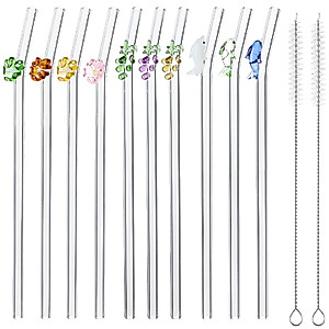 Kleeblatt Reusable Glass Straws Shatter Resistant, 10 Pcs Cute Clear Smoothie Glass Straws with Design, 8mm * 7.9inch Glass Straws Drinking for Smoothies Cocktail Juice Shakes Beverages