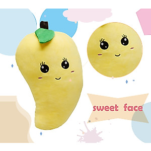 BABOLI Cuddly Mango Plush Toy Pillow Adorable Soft Fruit Stuffed Animal with Smile Face and Cute Expression Pretty Sweet Gifts for Kids Boys and Girls Present for Birthday or Party 17.7 Inches