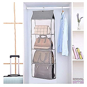 Detachable 4 Compartment Organizer Pouch Hanging Handbag Organizer Clear Purse Bag Collection Storage Holder Wardrobe Closet Space Saving Organizer (Gray)