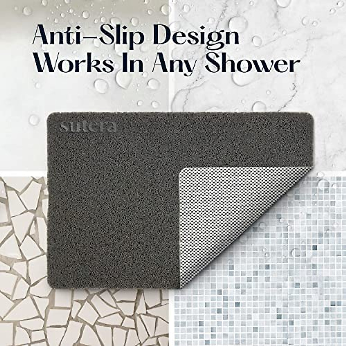 Sutera - Slide Guard Bath Mat, Non Slip, 23.6 x 17.5 Inch, Rubber Bathtub Mat for Wet Areas, Drains Odor Anti Slim Shower Floor Mat