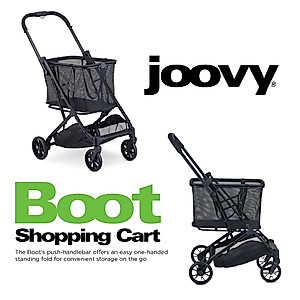 Joovy Boot Shopping Cart Featuring 70 lbs Total Weight Capacity, Stylish Removable Tote, Swivel Tires for Easy Steering, One-Handed Compact Fold, and One-Step Parking Brake (Black Frame)