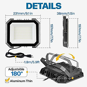 Leddictive 2 Pack LED Flood Lights Outdoor, 100W 10000LM Super Bright Floodlight Outside Work Light with 5.9FT Plug, IP65 Waterproof 6000K Outdoor LED Flood Light for Garage, Yard, Lawn, Garden