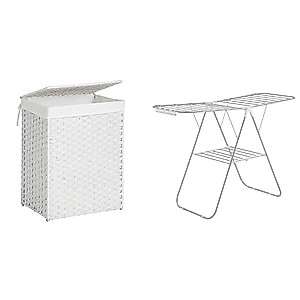 SONGMICS Clothes Drying Rack with Sock Clips and Height-Adjustable Gullwings, Foldable, Silver and White ULLR052W01 & 23.8 Gal (90L) Synthetic Rattan Clothes Laundry Basket with Lid