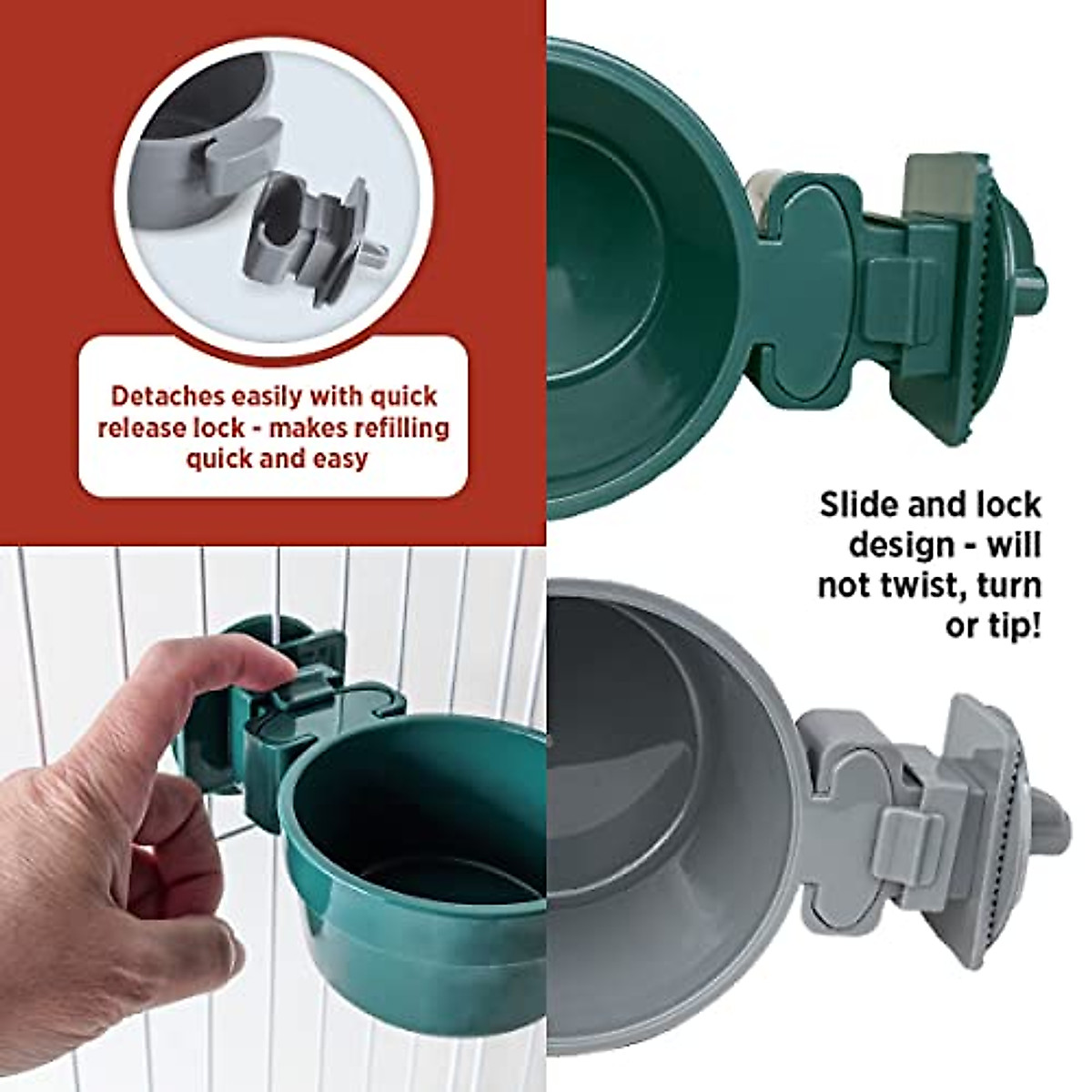 Hari Lock & Crock Food and Water Bowl, Pet Bird Cage Accessory, Large, Gray (81942)