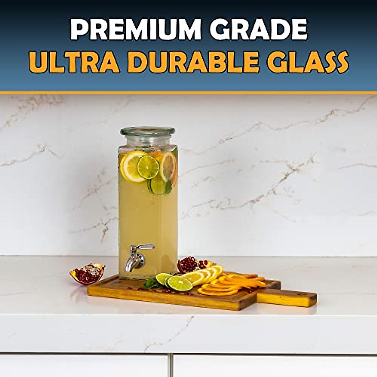 Square Glass Drink Dispenser for Parties - Stainless Steel Spigot + Marker & Label - 100% Leakproof Beverage Dispenser - Liquid Laundry Detergent Dispenser, Water Dispenser, Decorative Pitchers 80oz.