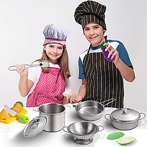 Juboury Kitchen Pretend Play Toys with Stainless Steel Cookware Pots and Pans Set, Cooking Utensils, Apron & Chef Hat, Cutting Vegetables for Kids, Girls, Boys, Toddlers