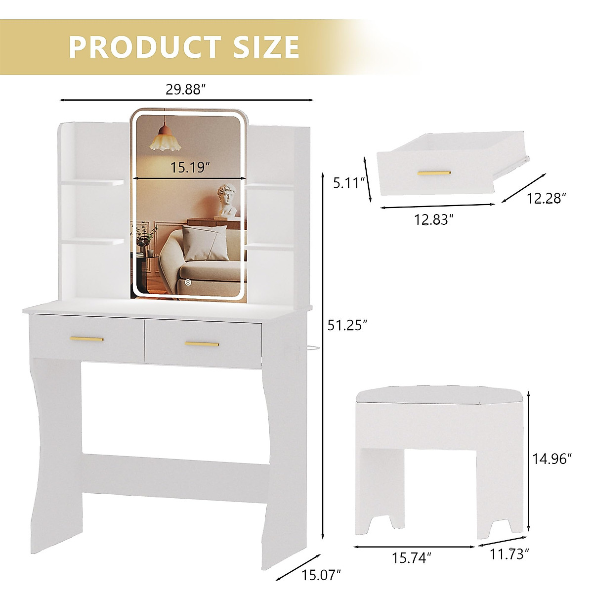 Vanity Desk with LED Lights Mirror & Power Outlet, Small Makeup Vanity Table Set with Storage Drawers & Chair, 3 Lighting Modes & Adjustable Brightness, Dressing Table for Women Girls Bedroom, White