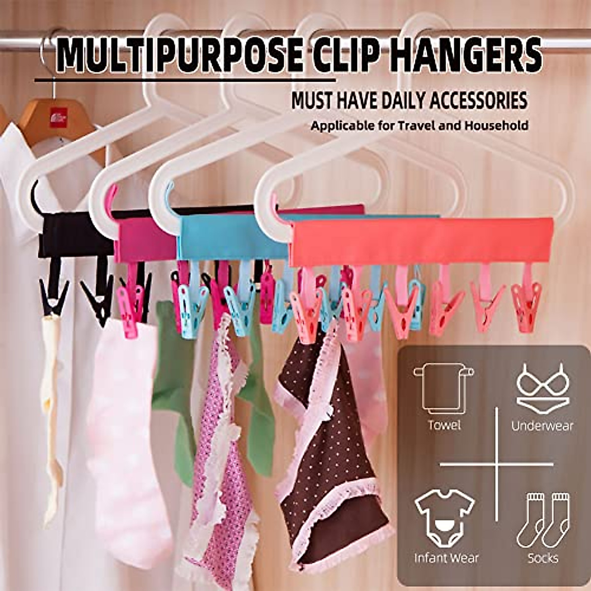 Pansyling 4PCS Foldable Travel Hanger Cloth Hanger Bathroom Towel Rack Clothespin Easy-to-Pack Laundry Clips Clothesline Portable Drying Hanger with 6 Clips for Socks Towels Underwear, Blue