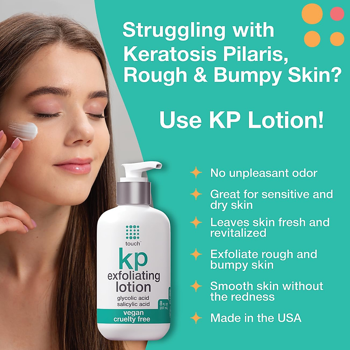 TOUCH Glycolic Acid Lotion for Keratosis Pilaris - KP Lotion Moisturizer - Glycolic Acid Body Lotion for AHA BHA Rough & Bumpy Skin- Keratosis Pilaris Exfoliating Lotion Gets Rid Of Redness - 8 Fl Oz