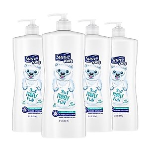 Suave Kids 3-in-1 Shampoo Conditioner Body Wash Purely Fun Makes Bath Time Quick and Easy, Paraben Free and Dermatologist Tested Kids Shampoo 3 in 1 Formula 28 Fl Oz (Pack of 4)