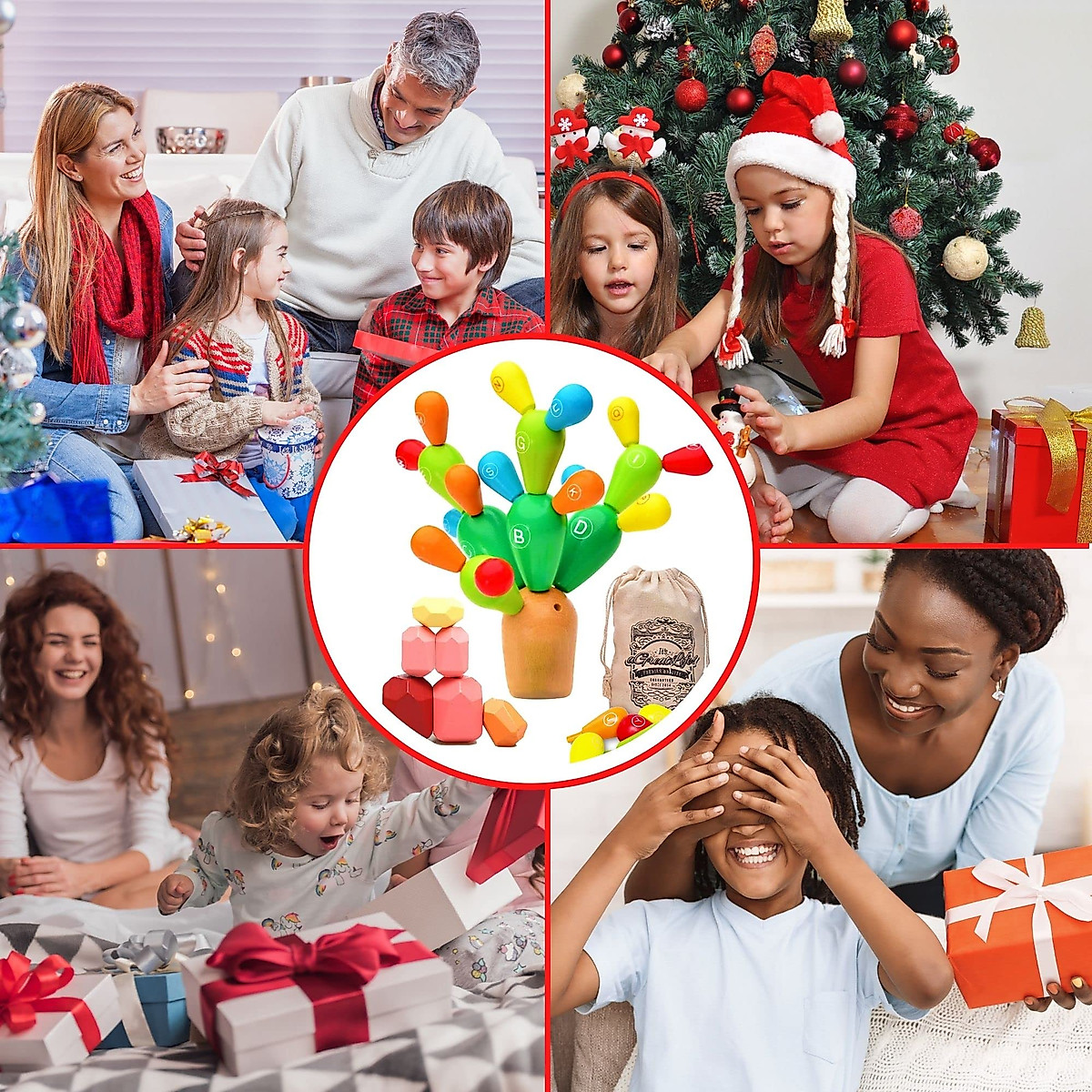 38 PCs Wooden Stacking Stones & Wooden Cactus Toy for Fine Motor Cactus Game, Balancing Cactus Toy is Made for Toddler and Kids with Easy Storage Bag, Educational Stacking Tree and Rock Stocking