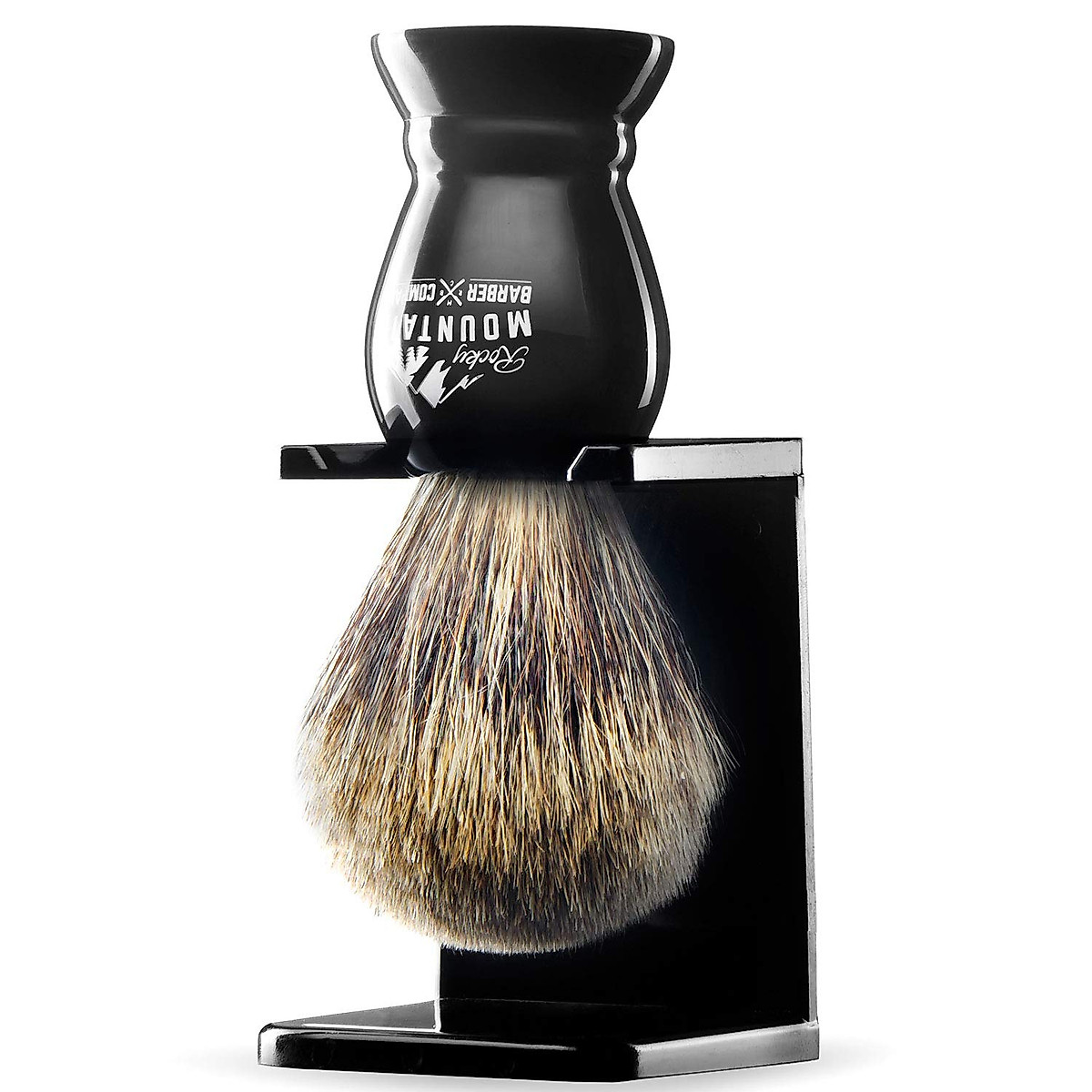 Shaving Brush with Stand - Rocky Mountain Barber Pure 100% Best Badger Hair Barber Grade with Black Heavy Duty All-Resin Handle and Oversized Bristle Head For Better Shaving Cream Lather