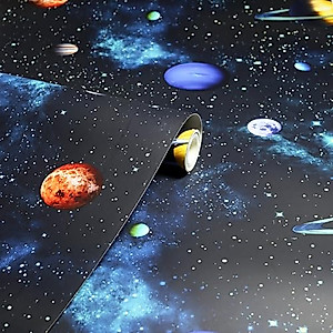 Arthouse Kids Cosmos Space Planets Charcoal Gray Wallpaper - Twinkling Stars on a Midnight Background with Green Accents - Amazing 3D Effect - Ideal for Teenager Bedroom - 668100