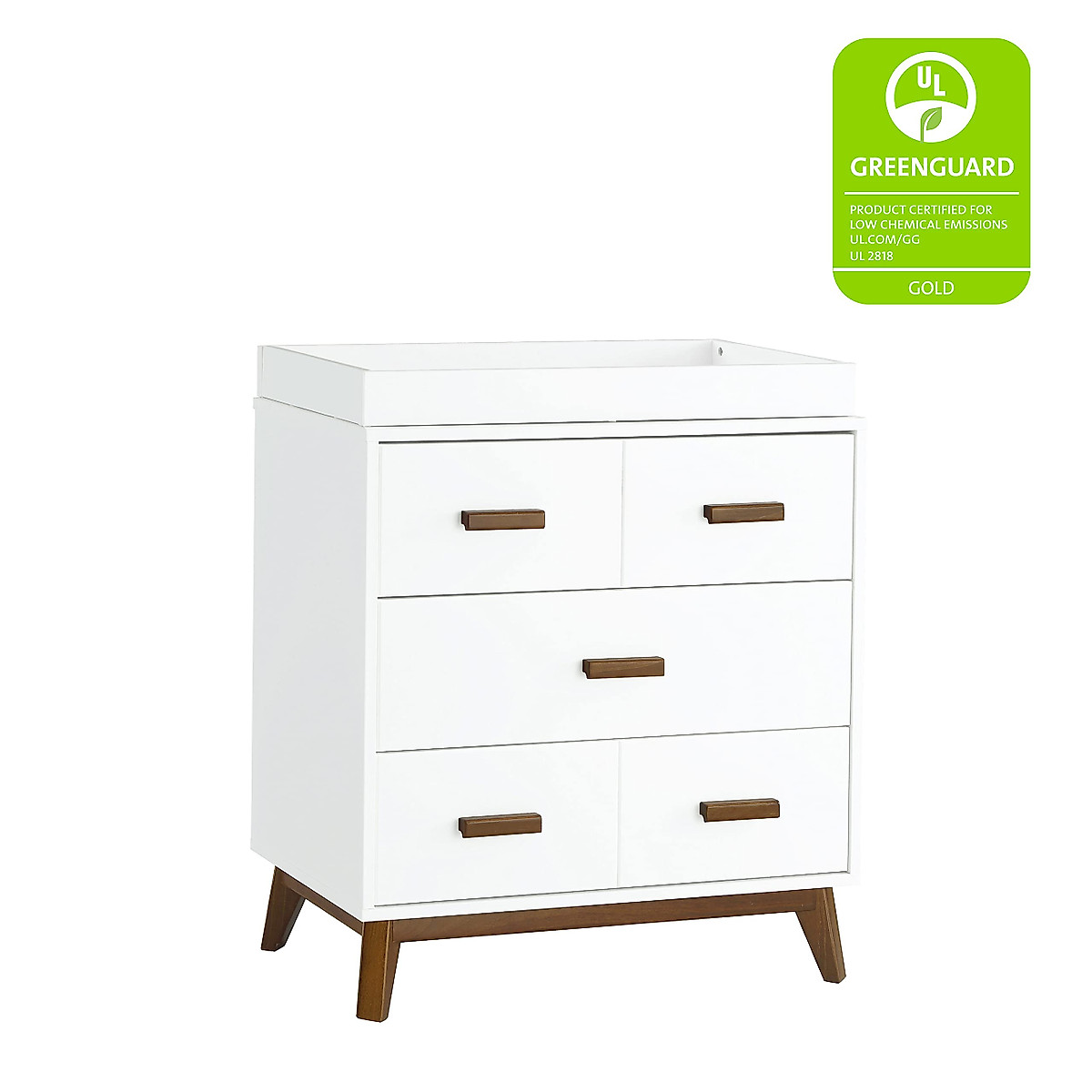 Babyletto Scoot 3-Drawer Changer Dresser with Removable Changing Tray in White and Natural Walnut, Greenguard Gold Certifie