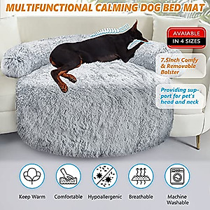 Auvce Fluffy Calming Large Dog Bed Deluxe Anti-Anxiety Plush Dog Mat Dog Couch Cover for Furniture Protector with Removable Pillow & Washable Cover, 39''x33''x7.5'', Grey