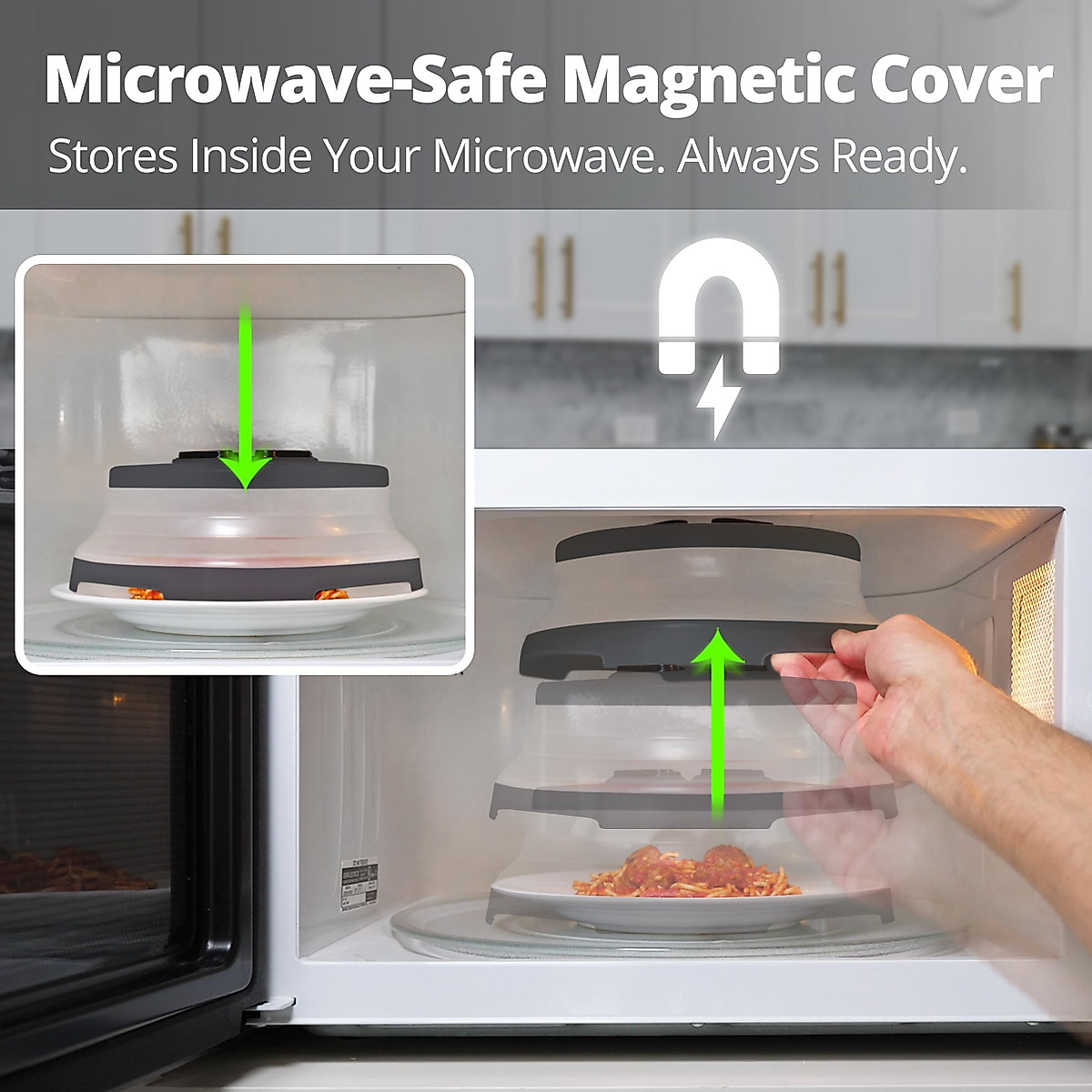 Hover Cover Magnetic Splatter Cover, 10-Inch Clear BPA-Free Food Lid, Vented Plate Guard with Steam Vents, Anti-Splash Microwave Lid, Dishwasher Safe, Space-Saving Magnetic Storage - Charcoal