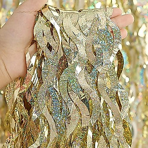 4 Pack Champagne Gold Fringe Curtain Backdrop - CYLMFC 3.3 ft x 6.6 ft Shimmer Wavy Foil Curtain for Birthday Party, Yellow Fringe Curtain Streamers Party Decorations
