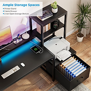GreenForest Office Desk with Power Outlets and Printer Shelf, 59 inch Computer Desk with LED and Drawer, Reversible Gaming Desk with Storage for Home Study Working,Black