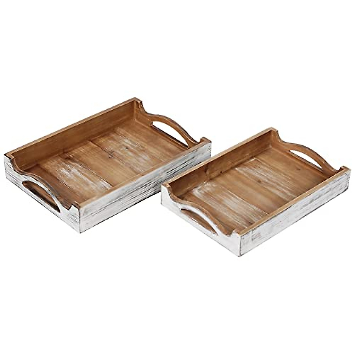 Distressed Rustic Serving Tray Set of 2, Nesting Coffee Table Trays for Living Room, Wood Serving Tray with Handles, Decorative Serving Tray for Ottoman Rectangle, Butler Tray for Party, Bedroom