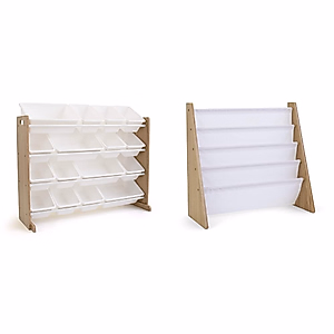 Humble Crew Extra-Large Toy Organizer, 16 Storage Bins, Universal, Natural/White & Natural/White Kids Book Rack Storage Bookshelf with Deep Sleeves, Universal