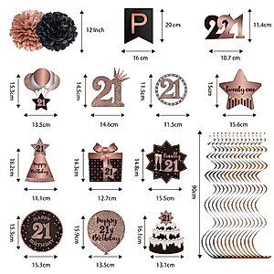 BRT Bearingshui Happy 21st Birthday Hanging Swirls Streamers Decoration, Happy Birthday Banner with Tissue Pompoms, Rose Gold and Black 21 Years Old Birthday Party Hanging Backdrop Decorations