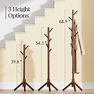 Pipishell Coat Rack, Wooden Coat Rack Stand with 3 Height Options and 8 Hooks, Sturdy Freestanding Coat Rack for Clothes/Bags/Hats, Coat Rack for Home/Office/Entryway/Hallway, PIWCR01, Brown