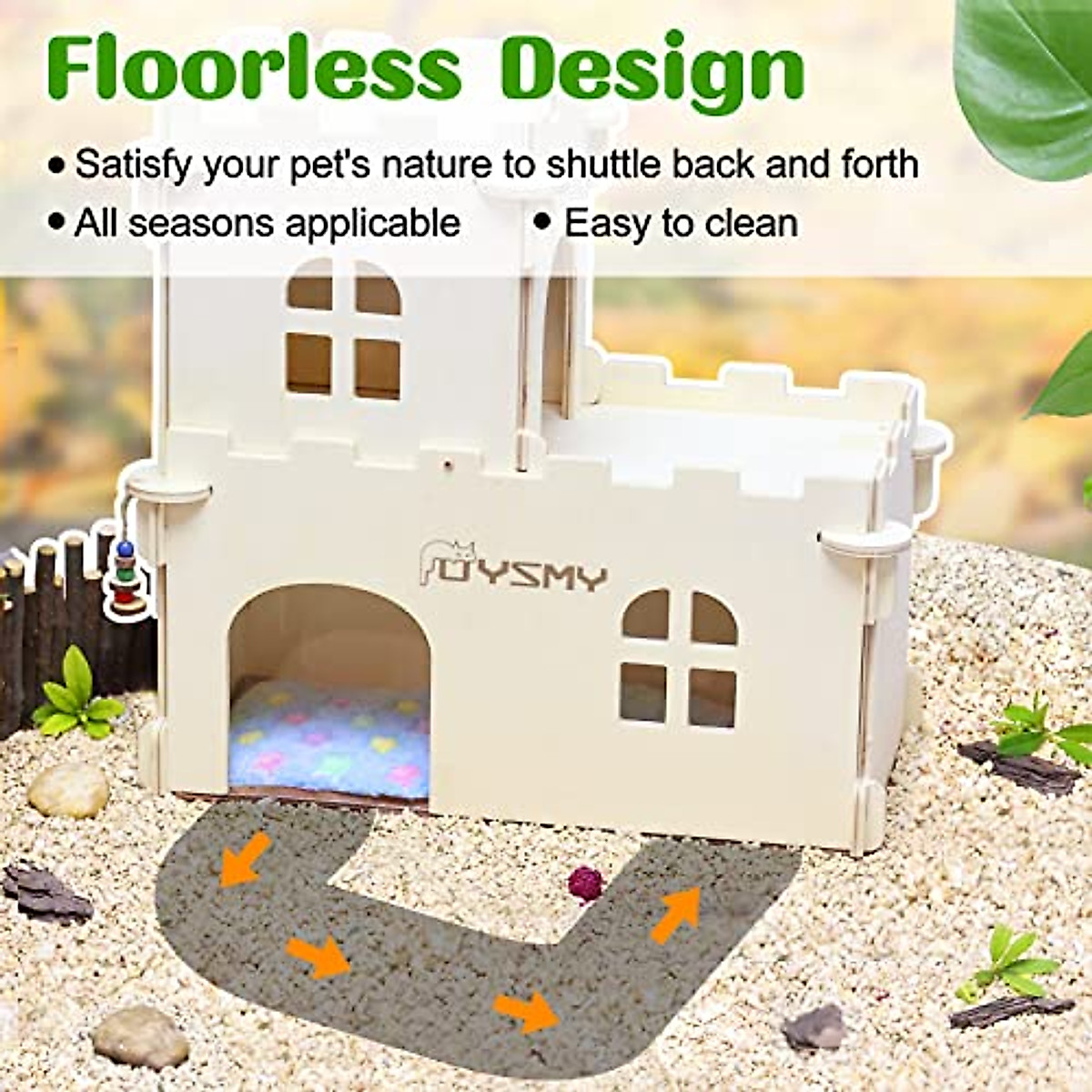 OYSMY 2-Storey Castle Chinchilla Hideout, Wooden Chinchilla House with Windows Doors, Guinea Pig Hide, Hamster Hut, Small Animal Habitat for Guinea Pig, Hamster, Chinchilla, Squirrel, Gerbil