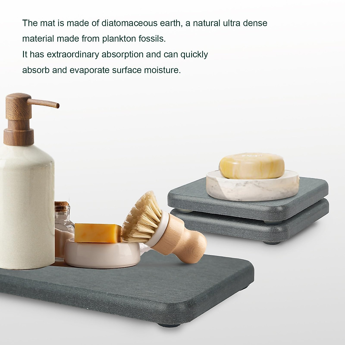 Hachacha Soap Dishes, 4-Set Water Absorbent Diatomite Earth Drying Mats - 2 Large & 2 Small Trays with Anti-Slip Pad, Sandpaper. Ideal for Kitchen Counter, Under Plants, Bath, Toiletries, Deep Grey