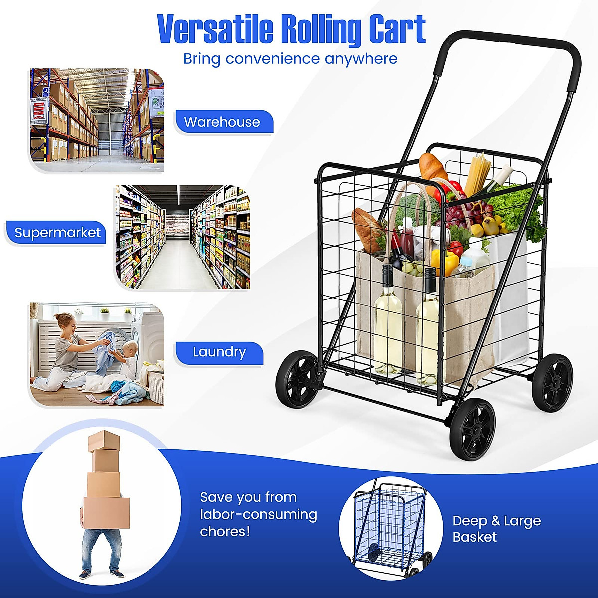 COSTWAY Folding Shopping Cart, Heavy Duty Grocery Utility Cart with Foam Wrapped Handle & Large Wheels, Versatile Rolling Cart with 22 Gal Metal Basket for Warehouse, Supermarket & Laundry