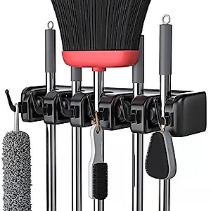 LETMY Mop and Broom Holder Wall Mount, Heavy Duty Broom Hanger Garden Tool Organizer Home Cleaning Supplies Organizations Storage Rack with 5 Position 6 Hooks for Home Kitchen Garden Laundry Room