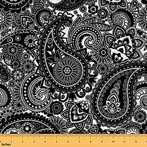 Paisley Fabric by The Yard, Paisley Floral Upholstery Fabric, Mandala Exotic Chic Flower Decorative Fabric, Retro Boho Indoor Outdoor Fabric, DIY Art Waterproof Fabric, Black White, 5 Yards
