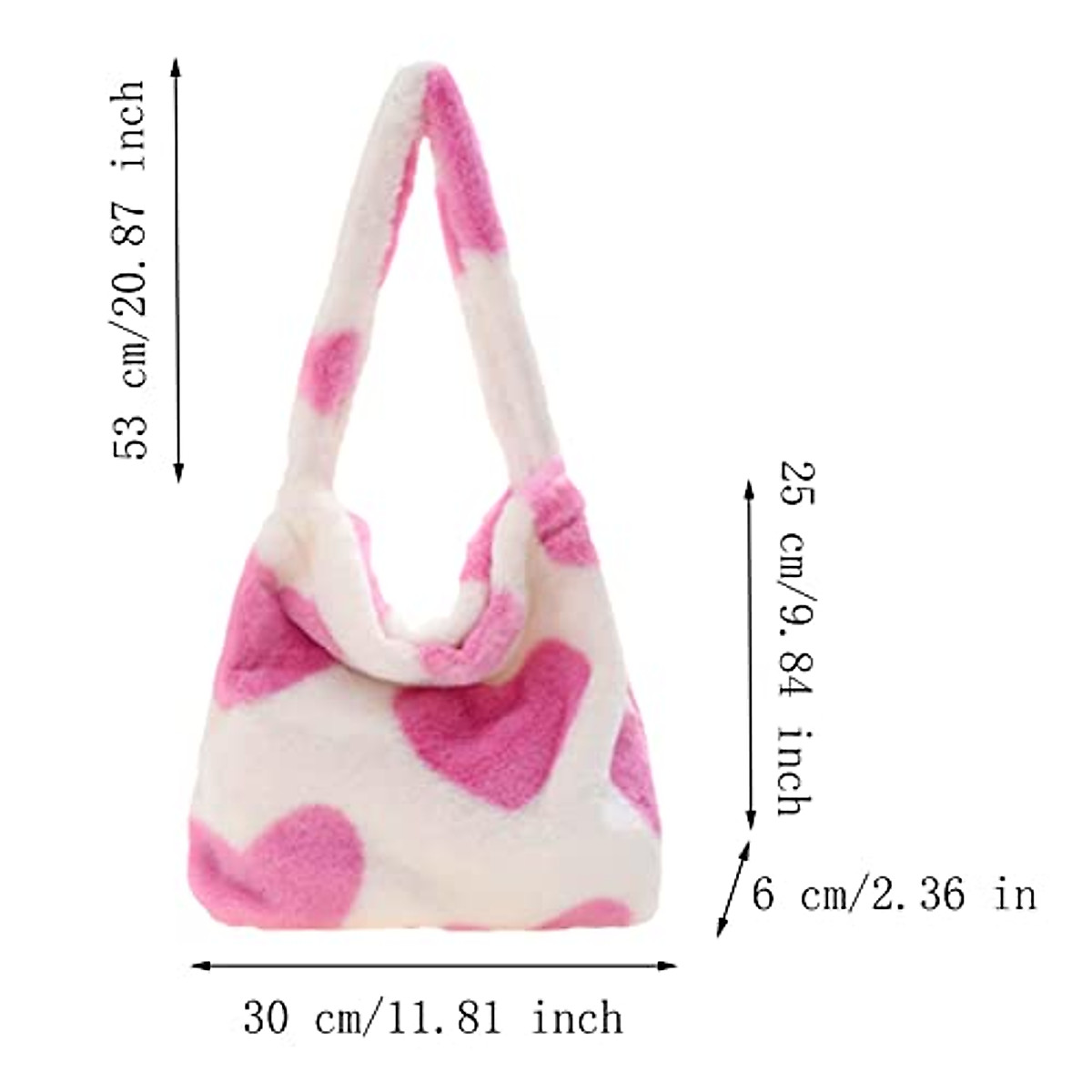 QWDLID Plush Tote Bags Fluffy Pink Hearts Pattern Print Shoulder Satchel Fashion Faux Fur Handbag Women Plush Shoulder Bag Crossbody Handbags Casual Soft Crossbody Purse for Shopping Traveling