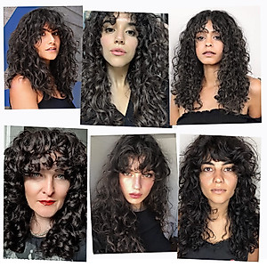LONAI Curly Wig with Bangs for Black Women Long Black Kinky Wigs with Wispy Bangs WIG006 Curly Gorgeous Fringe Synthetic Wig for Daily Use Party Cosplay-Black