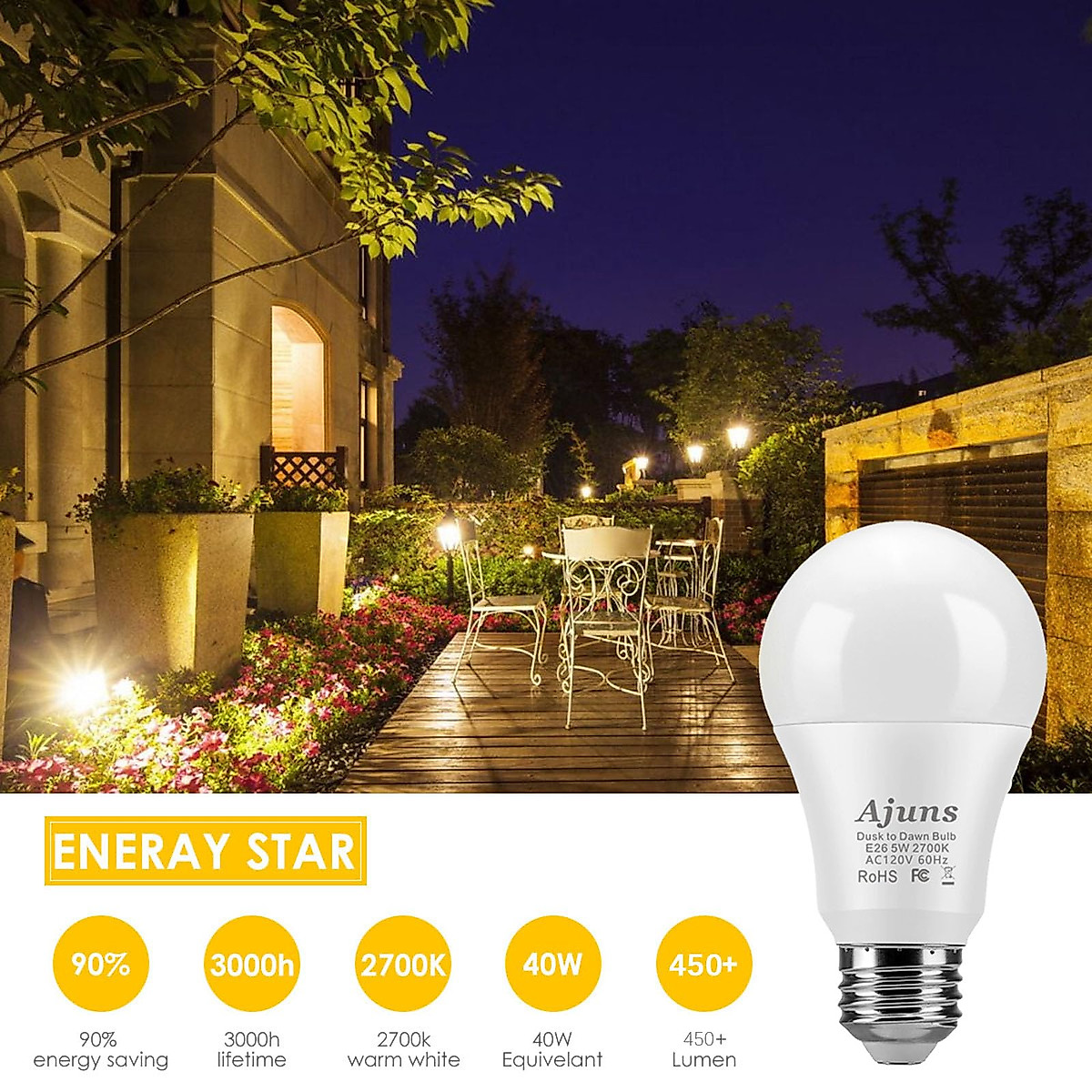 Ajuns Dusk to Dawn LED Light Bulb, Sensor Light Bulb 5W E26 Automatic On/Off Light, Porch Garage Courtyard Balcony Lighting Bulb 2700K Warm White 2Packs