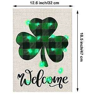 St Patricks Day Garden Flag Shamrock LED Lighted Welcome Buffalo Plaid Yard Outdoor Decoration Vertical Double Sized Burlap Spring Holiday Decor 12.5 x 18 Inch