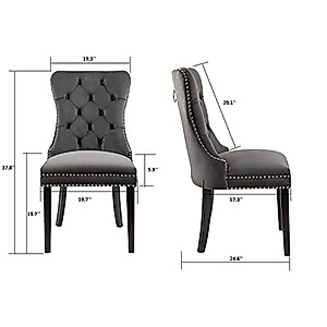 BEEY Velvet Upholstered Dining Chair Set of 4 Dark Grey Modern Tufted Accent Chairs with Nailhead Trim and Back Ring Pull,High Chair with Solid Wood Legs for Living Room Baronet Restaurant