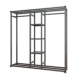 UDEAR Metal Garment Rack,Freestanding,Open Wardrobe Closet Storage Organizer,Large Armoire with 6 Shelves,2 Clothes Hanging Rack Stand for Clothes,Shoes, Bags,in Entryway,Room,Black