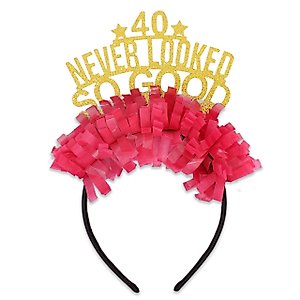 ZZDCMS 40 Never Looked So Good Birthday Tiara - 40th Birthday Crown Decoration, Funny Glittering Colorful Tassel Paper Headgear,40th Birthday Gift for her,Milestone Birthday