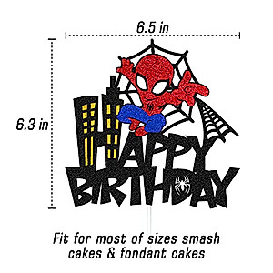 Spider Birthday Cake Topper Spider Cartoon Movie Themed Happy Birthday Cake Decorations for Men Boy Children Bday Party Supplies Double Sided Glitter Black Décor
