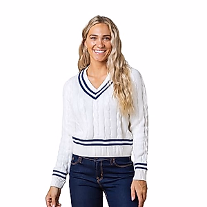 Hope & Henry Women's Organic Long Sleeve V-Neck Cricket Sweater, Large, Soft White Cable with Navy