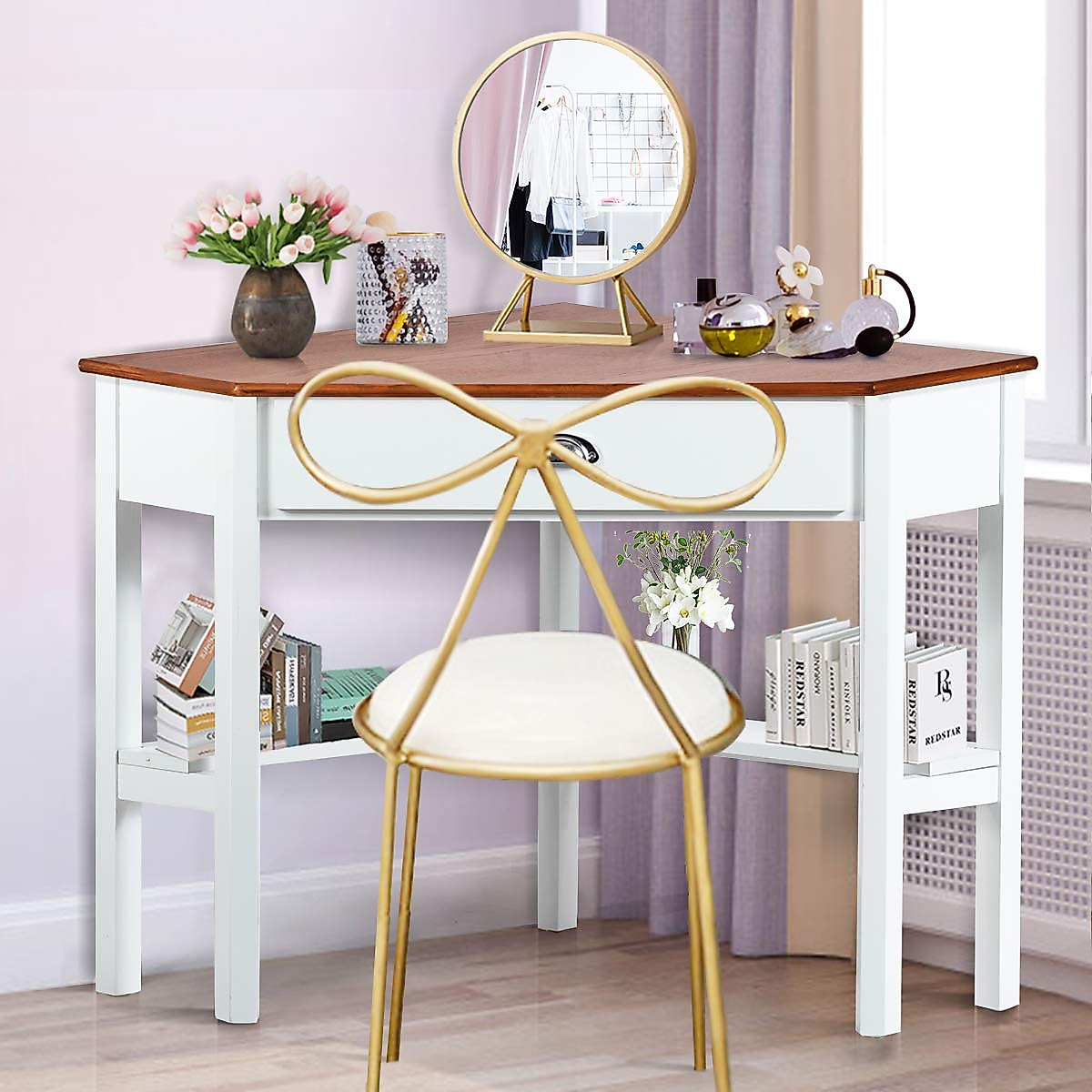 Tangkula Corner Desk, Corner Computer Desk with Drawer for Small Space, Small Corner Makeup Vanity Desk, 90 Degrees Triangle Corner Desk with Storage Shelves (Natural & White)