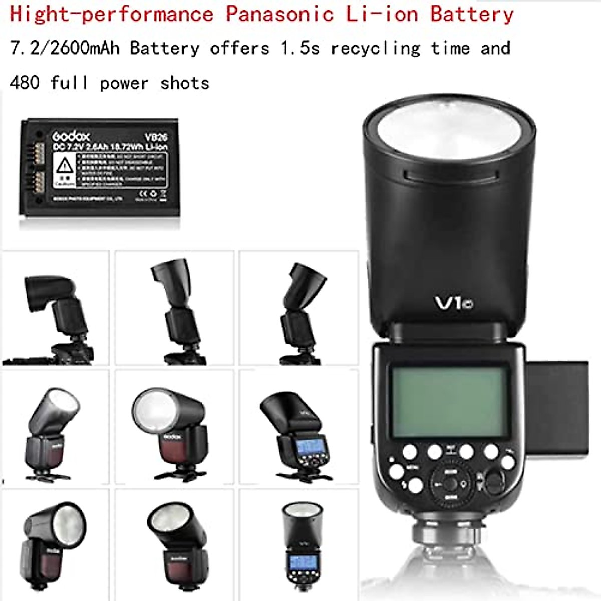 Godox V1 V1-S V1S Round Head Camera Flash for Sony Flash Speedlight Speedlite Light,76Ws 2.4G TTL1/8000 HSS,480 Full Power Shots,1.5s Recycle Time,2600mAh Li-ion Battery,10 Levels LED Modeling Lamp