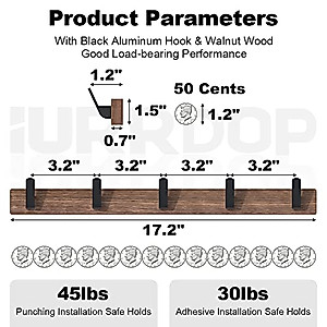 IURRDOP Black Walnut Wood Wall Mount Coat Rack with 5 Hooks,  Adhesive Mounted Rustic Decorative Entryway Hooks, Mid Century Modern Natural Wooden Pegs for Hanging Coat Clothes Hat Bag Purse and Towel