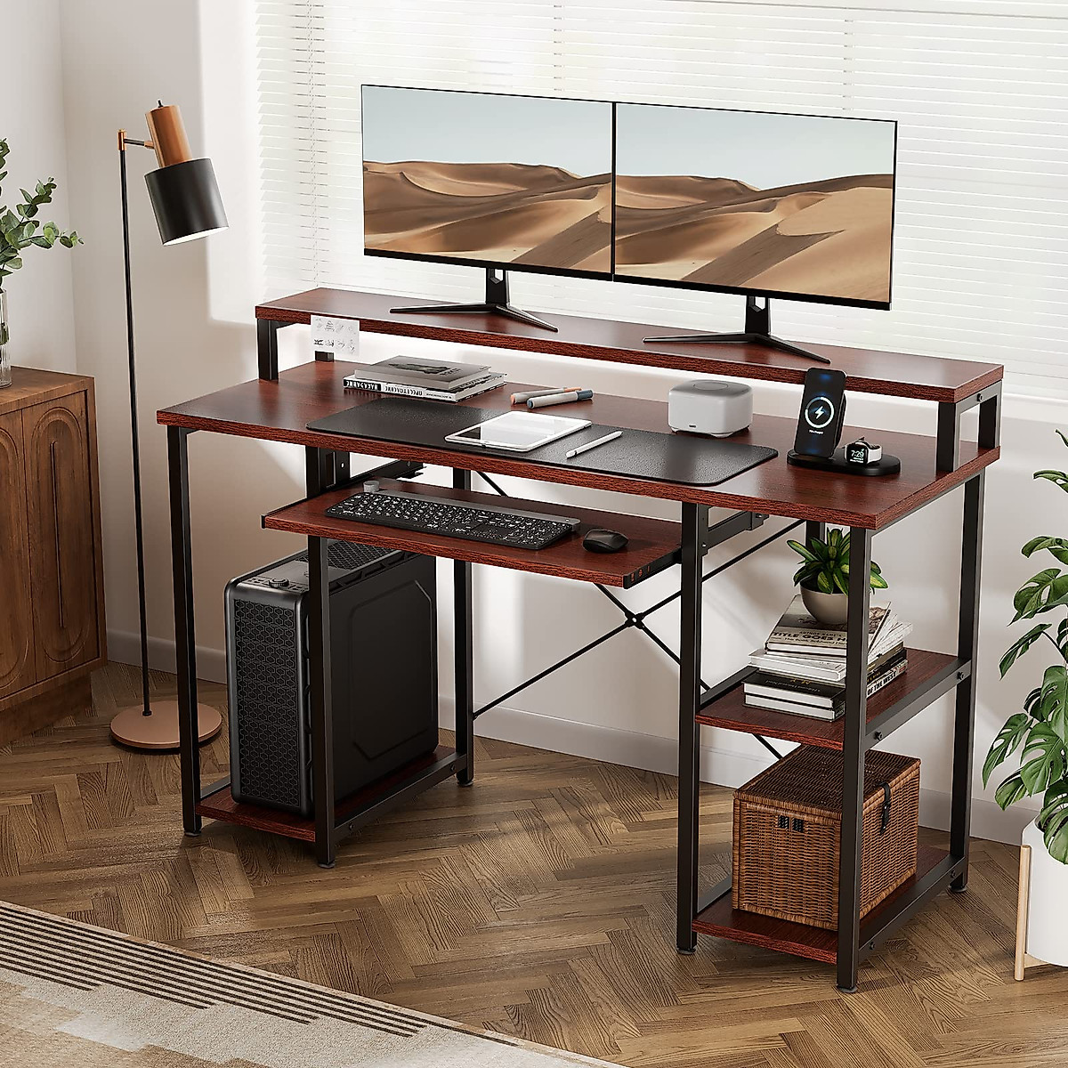 NOBLEWELL Computer Desk with Storage Shelves, 47 inch Home Office Desk with Monitor Stand, Writing Desk Table with Keyboard Tray (Cherry)