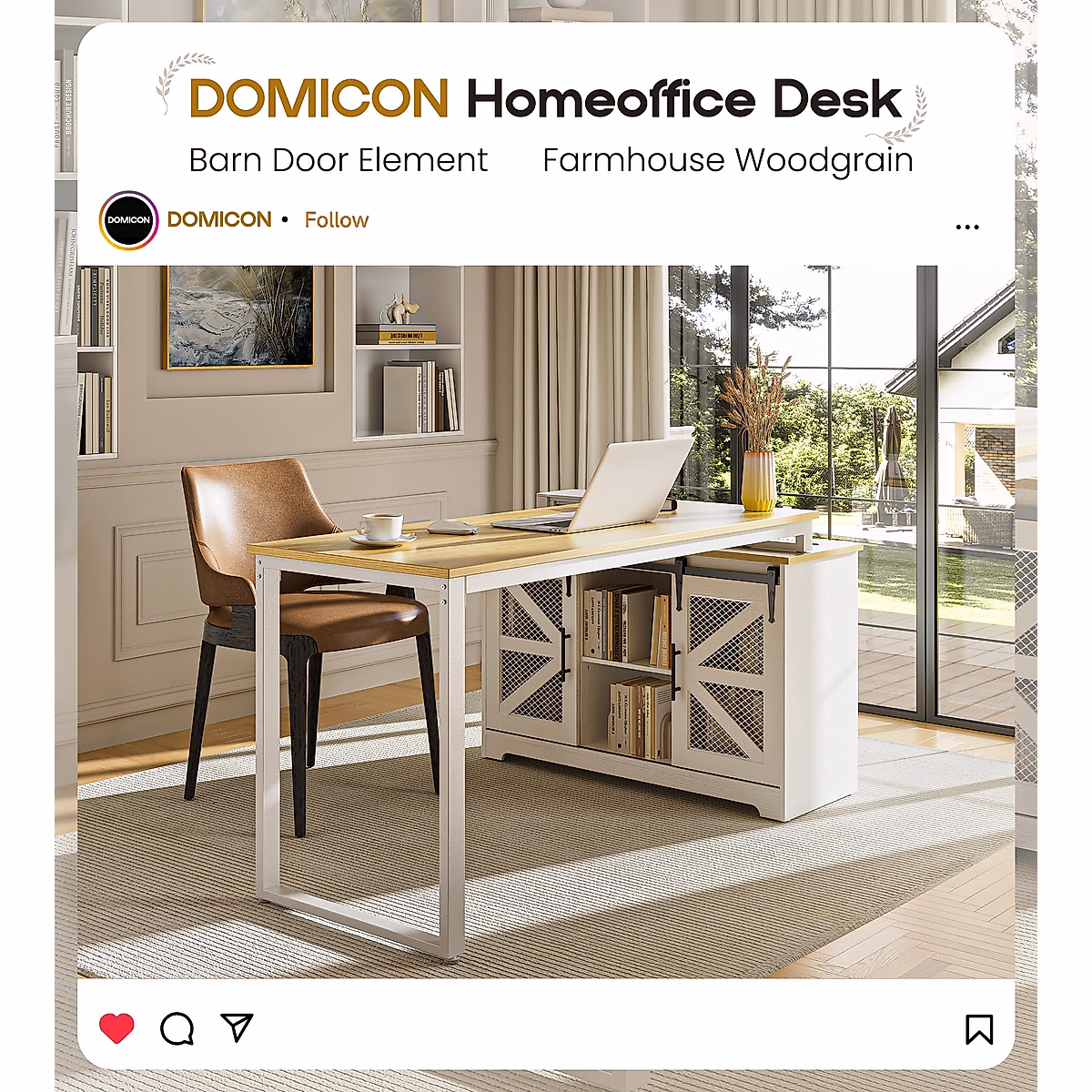 DOMICON Rustic Corner Desk with Storage, L Shaped Farmhouse Office Desk with Sufficient Storage Capacity, Built-in Power Socket and Barn Door Design